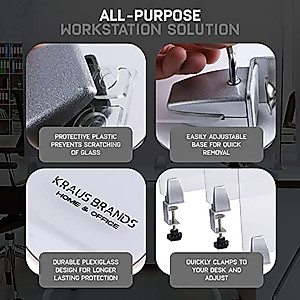 4 Pack - Desk Divider Office Partitions - Crystal Clear Acrylic Plexiglass. Adjustable Silver Clamps Included. Desk Divider for Schools or Offices. Clear Plexiglass Sneeze Guard, 22x22 inches.