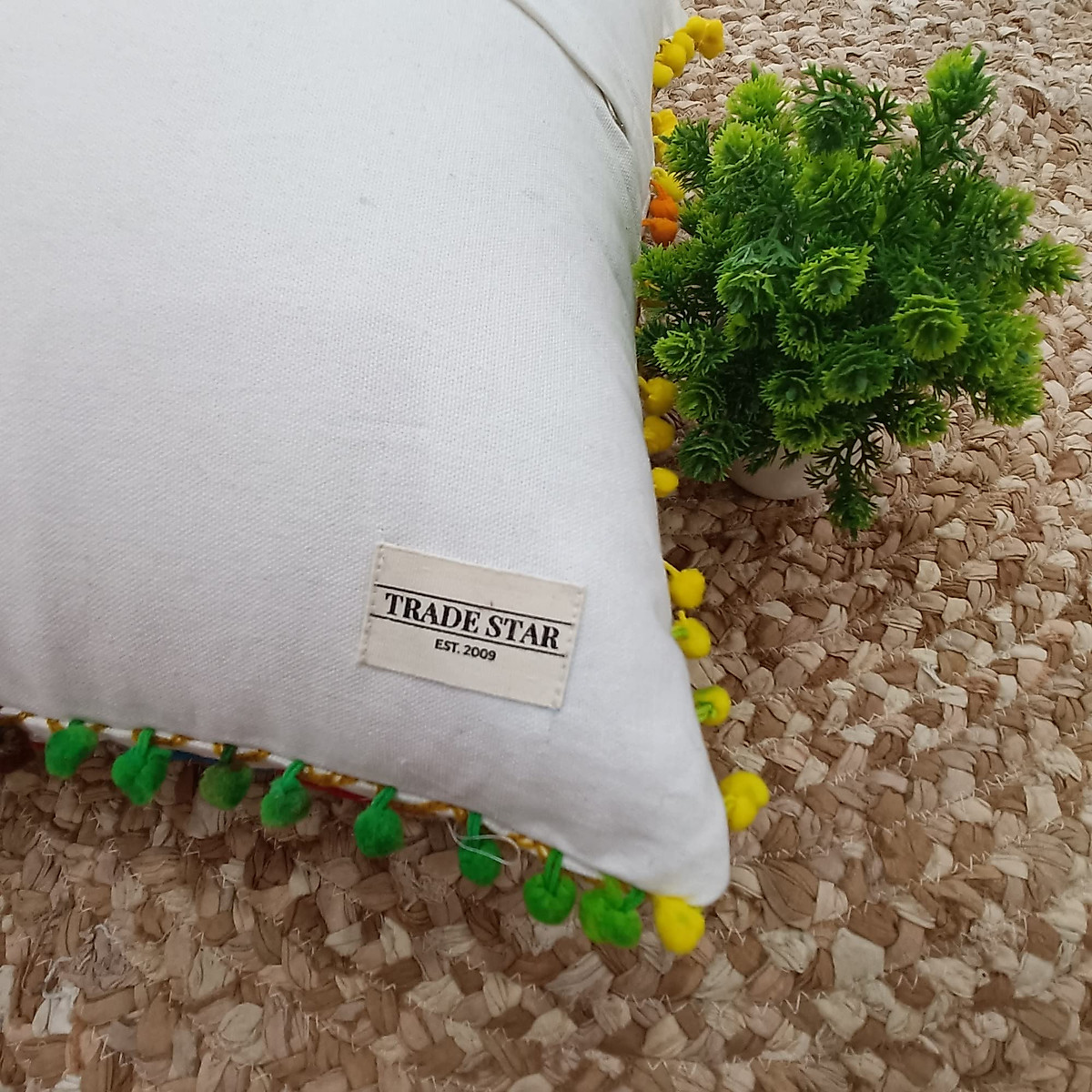 Trade Star 100% Cotton Embroidered Pillow Cover Beautiful Pom Pom Pillow Cover Fall Decor Cushion Cover Decorative Hand Design 16x16 Inches Modern Sofa Throw Pillow Cover for Home Decor