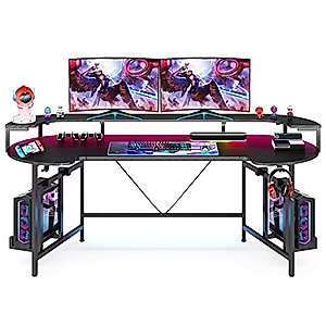 LITTLE TREE LED Gaming Desk with Monitor Shelf, Carbon Fiber Surface Gaming Table Gamer Workstation for Home Office, Black