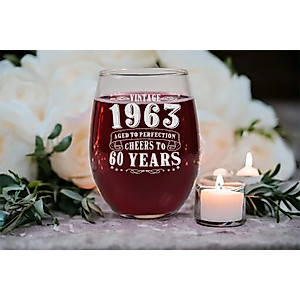 JohnPartners993 60Th Birthday Aged To Perfection - Vintage 1963 Engraved Wine Glass - 1963 60Th Birthday Gifts For Men - Vintage Wine Glasses - Present Ideas For Her Him