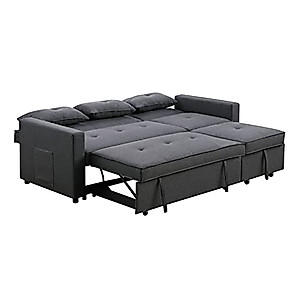 TUTB 80'' L-Shape Convertible Sleeper Sectional Sofa with Pull-Out Recliner and Bed, Side Pocket, Linen Corner 3 Person Couch for Home Furniture, Living Room, Apartment, Dorm, Dark Gray, 80