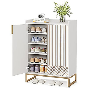 Tribesigns White Shoe Cabinet, 25 Pair Shoe Cabinets with Doors, 5-Tier Modern Shoe Rack Organizer Cabinet, Freestanding Wood Shoe Storage Cabinet with Gold Metal Frame for Bedroom Hallway Living Room