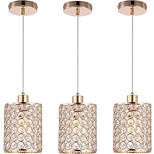 Cuaulans Gold Crystal Pendant Light, 3 Pack Kitchen Island Lighting, Modern Adjustable Bar Lights Hanging Fixture for Kitchen Dining Room Bedroom Bar
