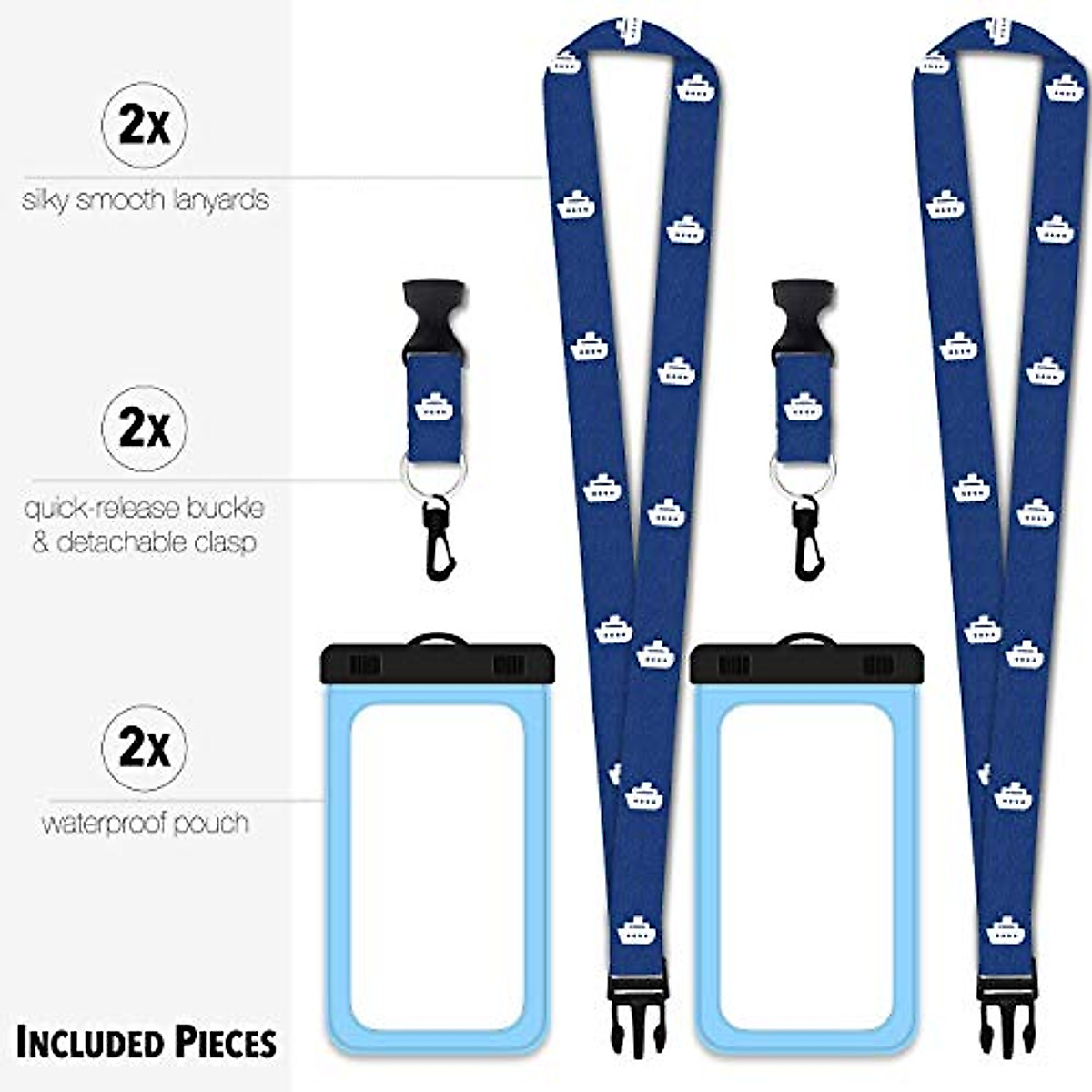 Cruise Lanyards Waterproof Cell Phone Pouch Dry Case with Touch Screen [2 Pack] Blue