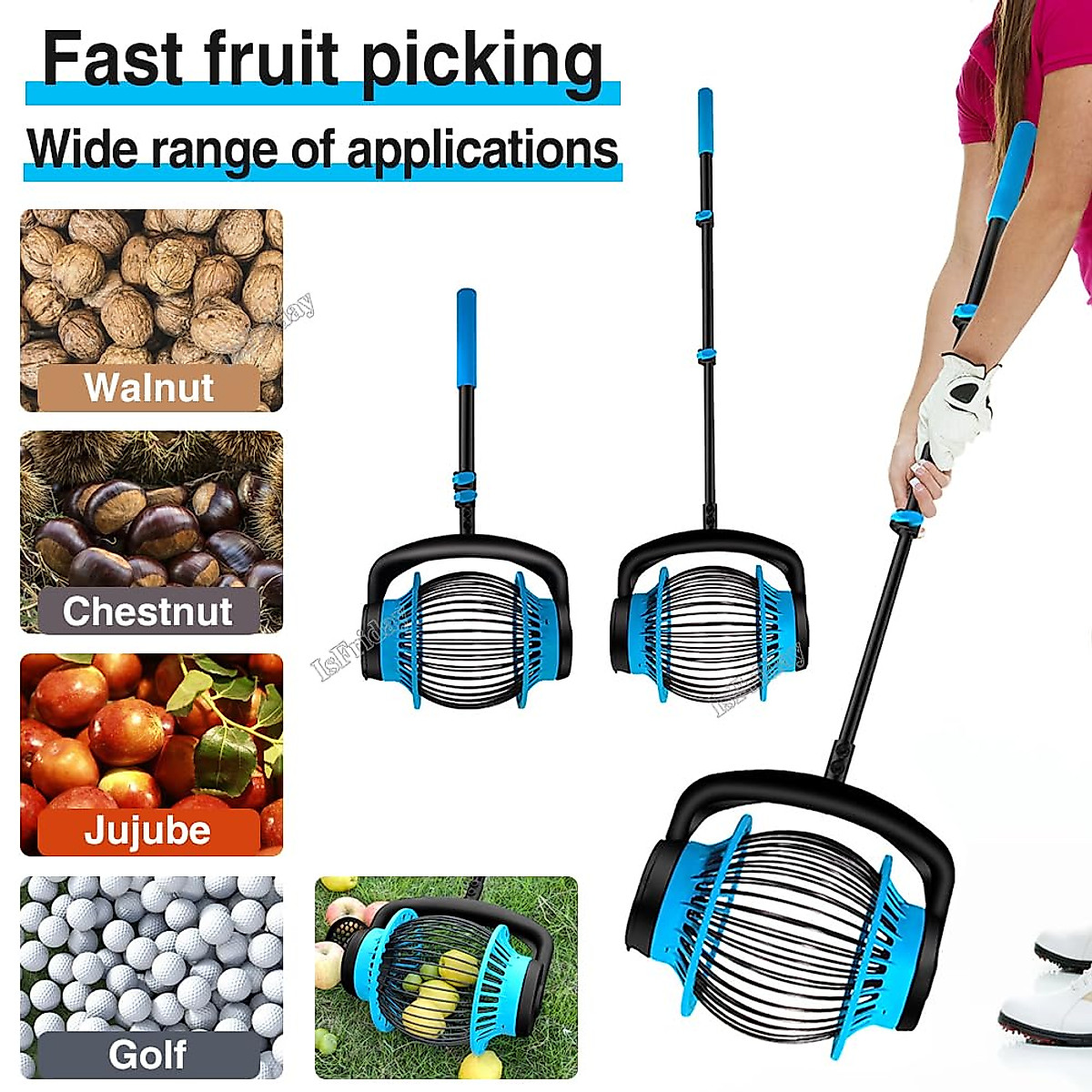 GEEZO Nut Gatherer, Acorn Picker Upper - Side Opening Dump | Pecan Picker Upper - Apply to Acorns, Hickory Nuts, Spiked Balls, Nerf Darts, Golf, Objects 3/4'' to 1-1/2''; 55 inch, 1 Gallon (Blue)