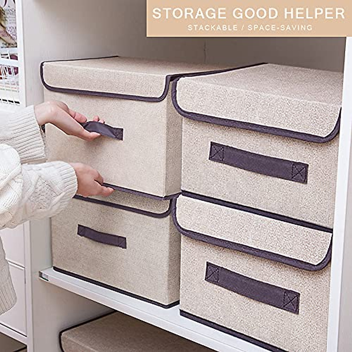 LELE LIFE Foldable Storage Box with Dustproof Lid and Handle, Foldable Storage Bin Collapsible Storage Organizer for Closet, Bedroom, Home, Beige