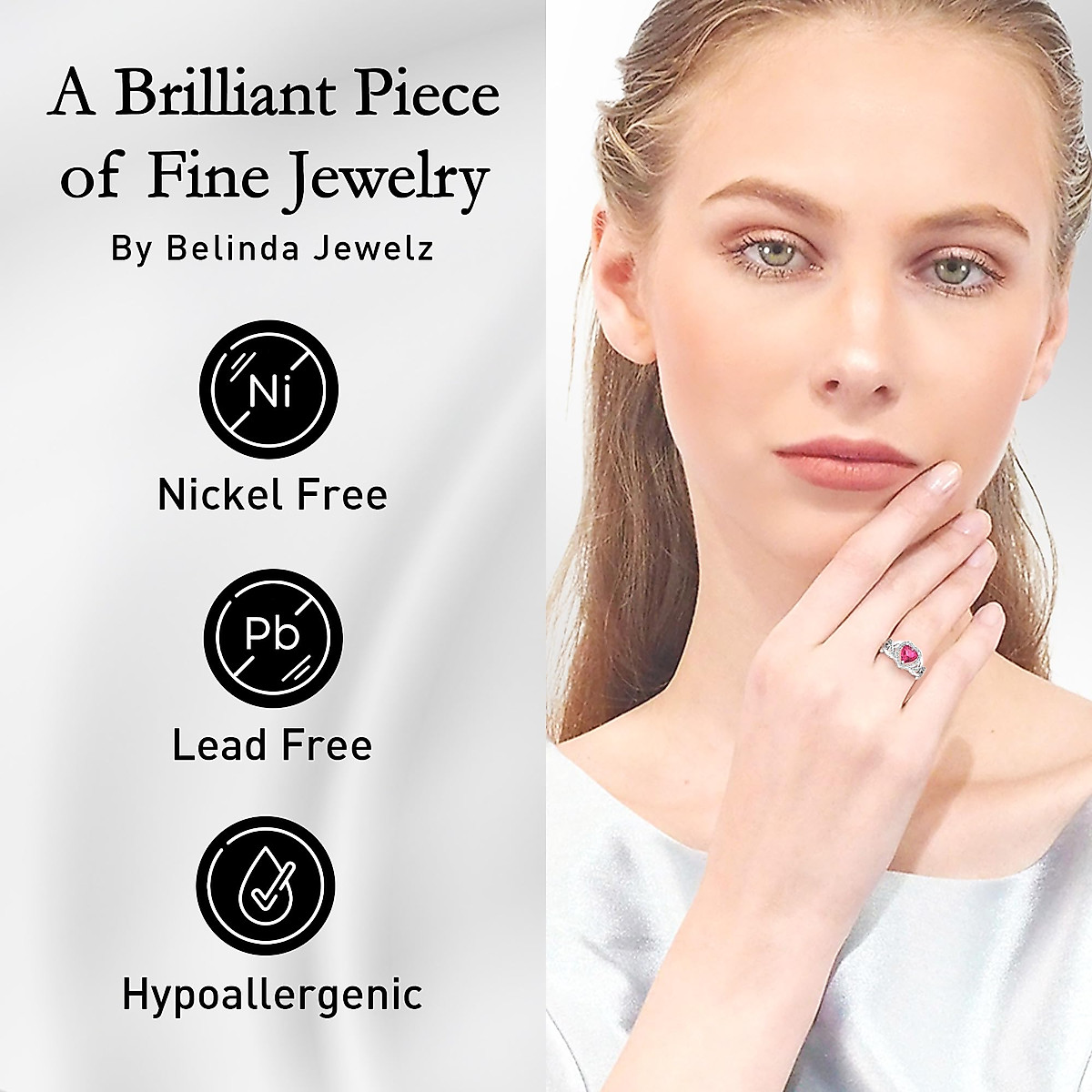 Belinda Jewelz - Heart Shaped Birthstone Ring, 7mm Cubic Zirconia Birthstone Rings for Women, 925 Sterling Silver Birthstone Rings, Promise Rings for Women, Created Ruby, Size 9