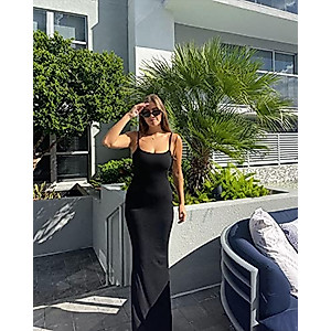 Popilush Shaper Maxi Bodycon Dress Built in Bra Bodysuit for Women Long Backless Slip Spaghetti Strap Dresses with Shapewear Black