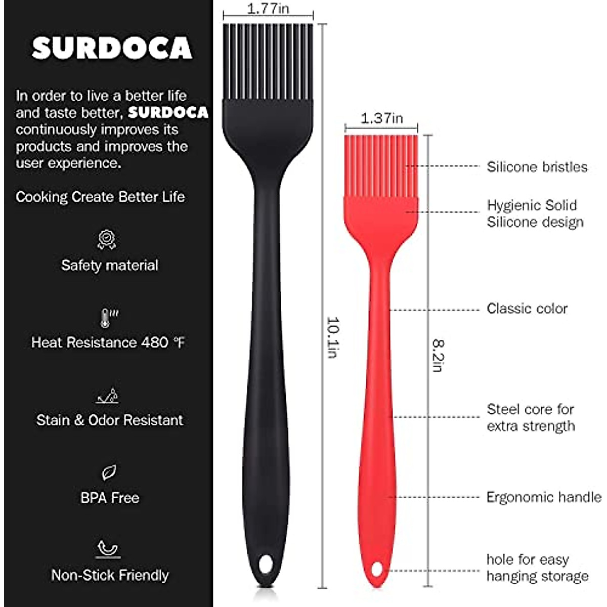 SURDOCA Silicone Pastry Basting Brush - 2Pcs 10 + 8 in Heat Resistant Brush for Baking Cooking Food, BPA Free Kitchen Brush for Sauce Butter Oil, Stainless Steel Core Design for Barbecue BBQ Grilling
