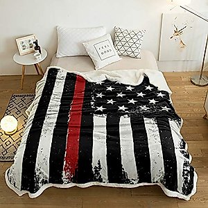 Sherpa Fleece Throw Blanket Black White and Red American Flag Home Decor Reversible Fuzzy Warm and Cozy Throws, Honoring Firefighters Redline Super Soft Plush Bed TV Blankets for Couch/Sofa/Travel