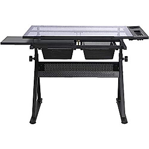 EESHHA Drawing Table Glass Drafting Table, Height Adjustable Drawing Desk with Stool, Tiltable Desk Art Table, Tempered Glass Top Painting Desk, Writing Table with 2 Drawers Beautiful Scenery