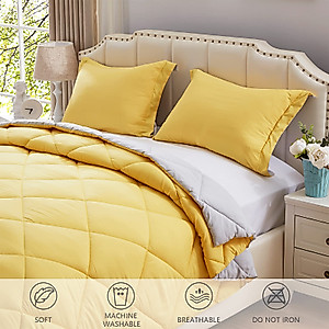 NexHome Lightweight Comforter Set King Size, Down Alternative Solid Comforter Set Thin Microfiber Reversible Summer Bedding Comforter with 2 Pillow Sham (King, Yellow/Light Grey)