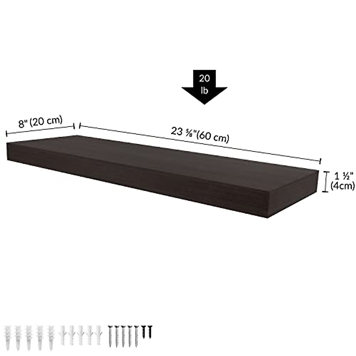 Ballucci Floating Shelf Extra Wide, 24" L Wood Wall Mounted Ledge with Invisible Bracket for Living Room, Bedroom, Bathroom, Kitchen, Nursery, 8" Deep - Espresso