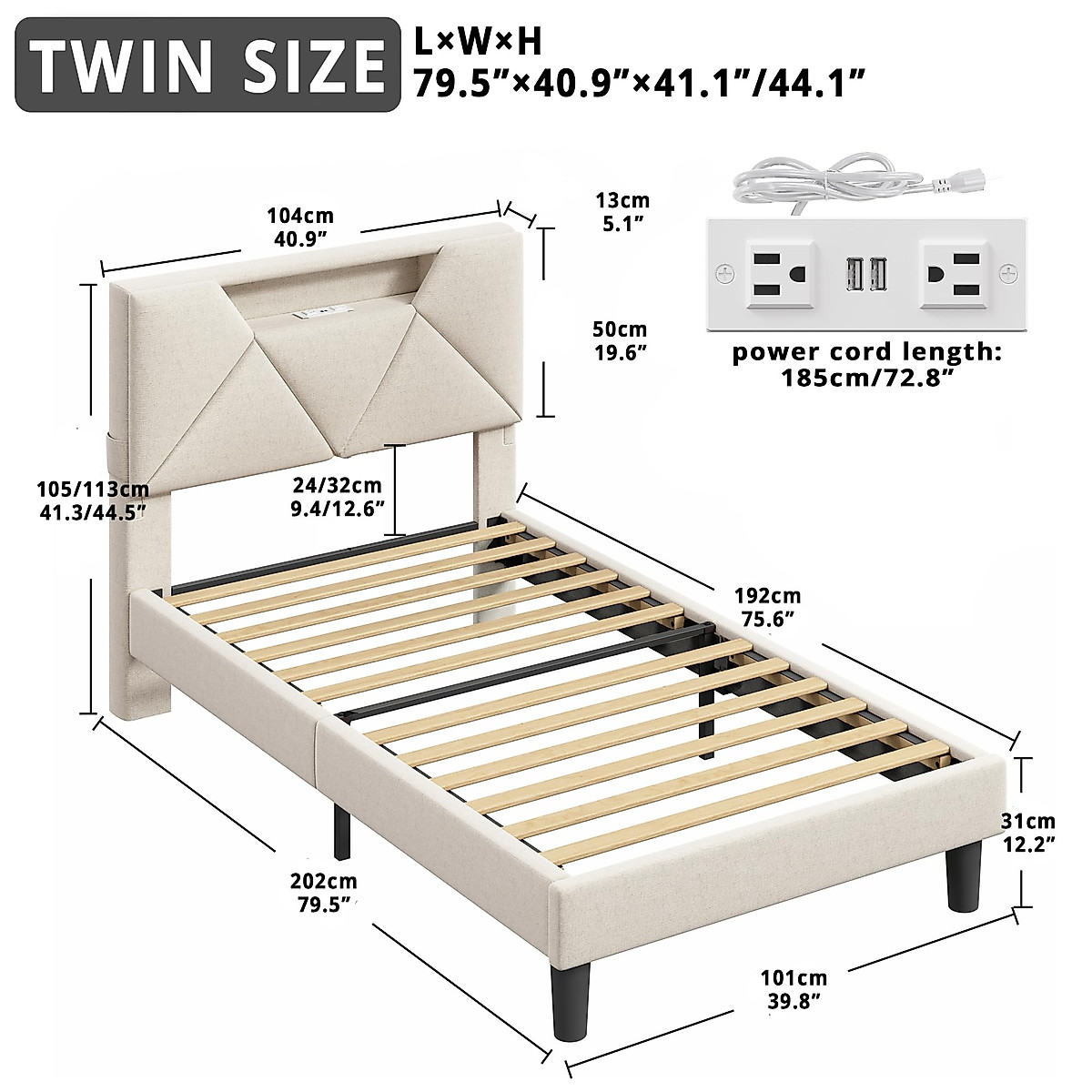 ANCTOR Twin Bed Frame with Storage Headboard and Charging Station, LED Lights Upholstered Platform Bed, Heavy Duty Steel Support Legs, Easy Assembly, Noise Free, Beige