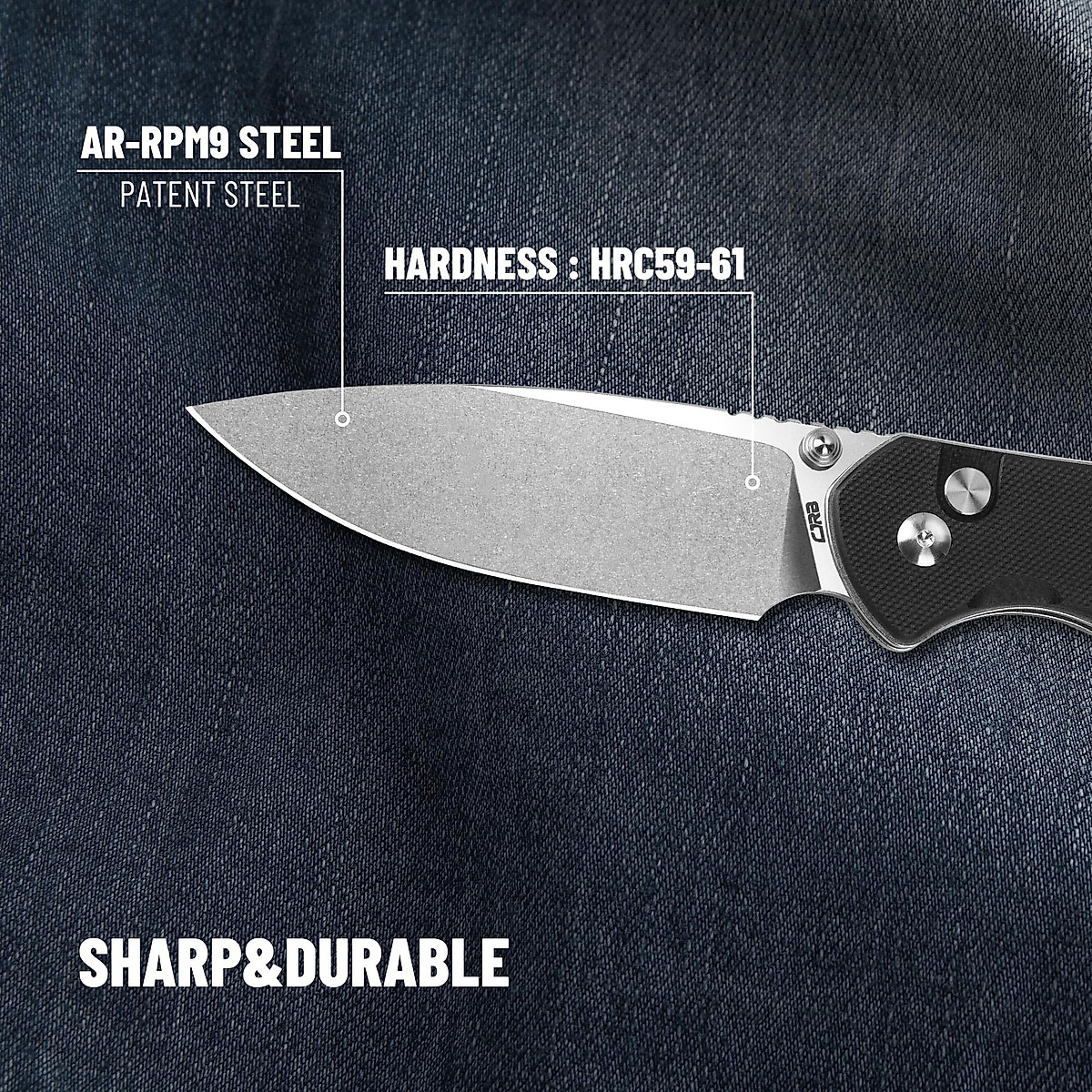 CJRB CUTLERY Pocket Knife Pyrite (J1925L) Button Lock EDC Large Foldable Knife AR-RPM9 Steel Blade and G10 Handle Black Outdoor for Women Men for Gifts