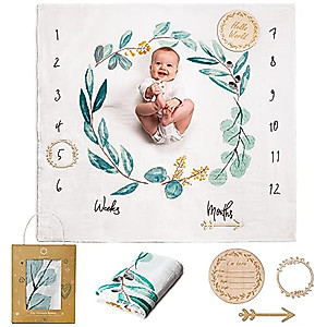Baby Milestone Blanket | Cotton Muslin Blanket | Monthly Milestone Blanket for Baby Boy or Girl, Unisex | Newborn Baby Shower Present for New Mums | Flowers & Leaves Theme | Includes Wooden Frames