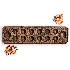 Yellow Mountain Imports Mancala Set with 17.3-Inch Solid Wood Board and Quartz Pebble Playing Pieces