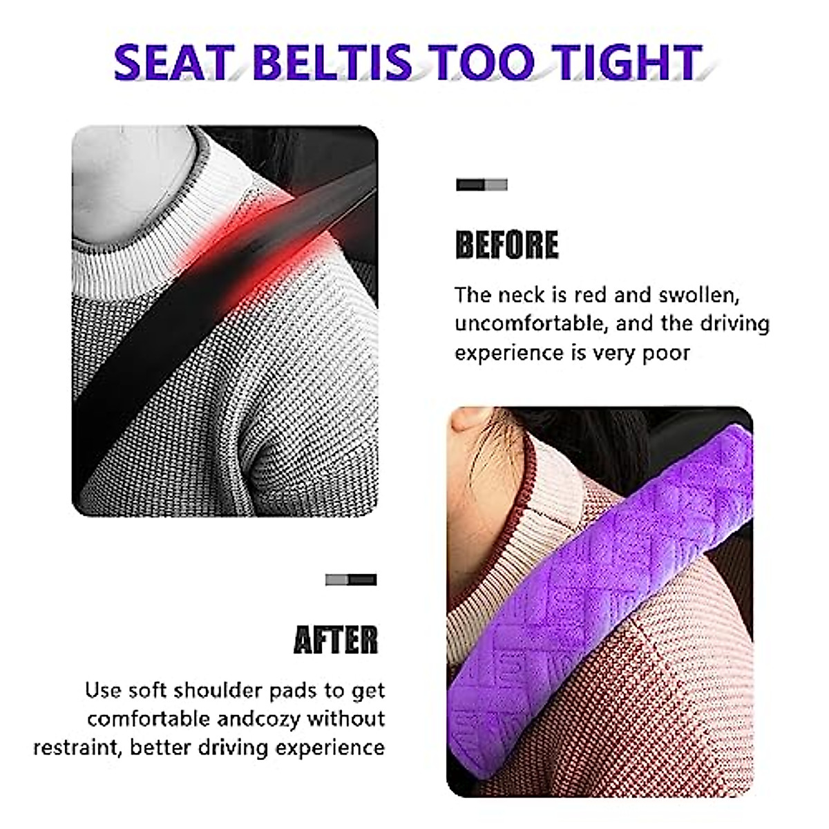 Kewucn 2 PCS Car Seat Belt Pads, Soft Comfort Seat Belt Shoulder Strap Covers Harness Pad to Protect Your Neck and Shoulder, Universal Vehicle Interior Accessories for Most Cars (Purple)