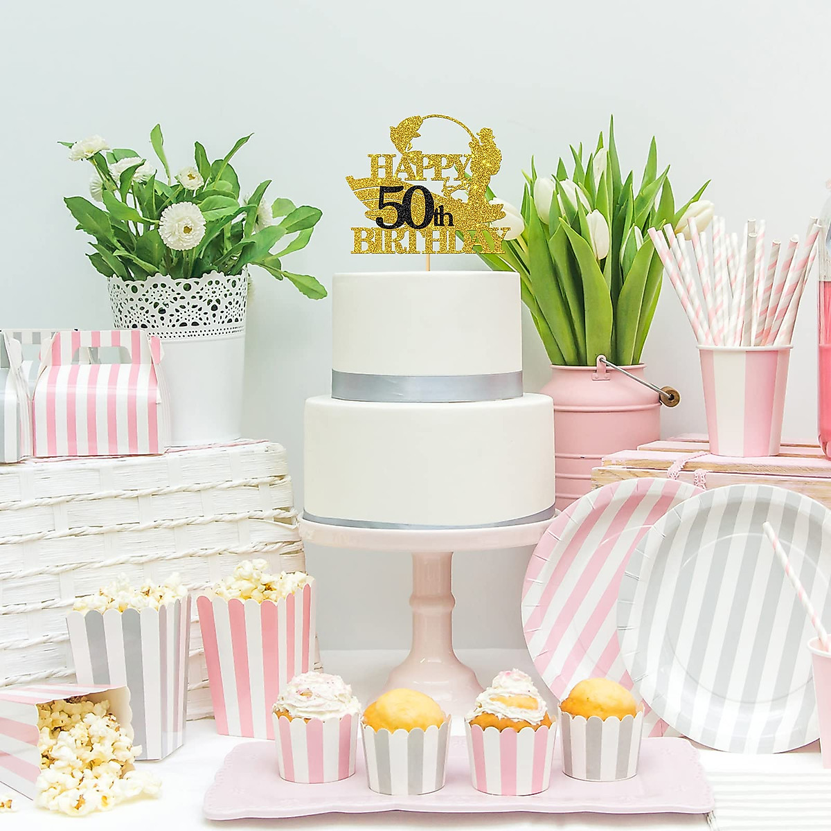 Fisherman Happy 50th Birthday Cake Topper - Fishing 50th Birthday Cake Decor Supplies - Fishing Enthusiasts 50th Birthday Party Decorations - Gold Glitter (50th)