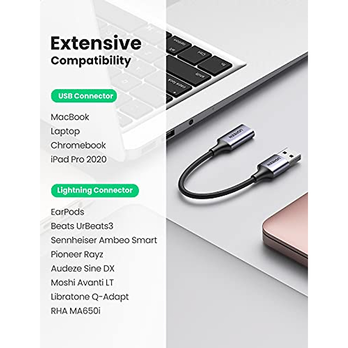 UGREEN USB A to Lightning Audio Adapter Cable MFi Certified Nylon Braided USB 3.0 Male to Lightning Female Dongle Converter Support Volume Control Mic Compatible with MacBook Computer PC Headphone