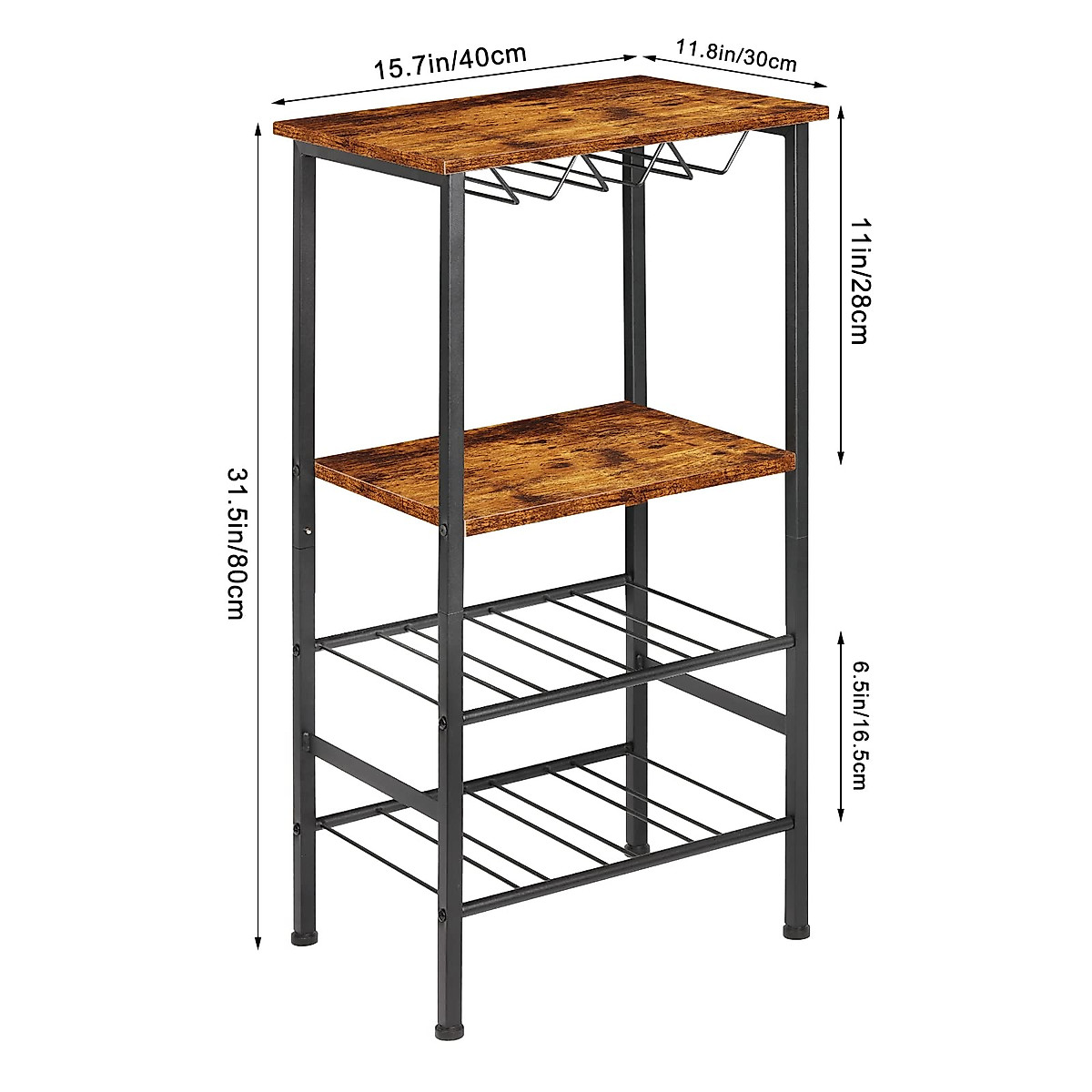 YBING Wine Rack Freestanding Floor Wine Bar Rack with Glass Holder and Tabletop 8 Bottle Wood Wine Tables with Racks 4 Tier Wine Bottle Organizer Display Storage Stand , Rustic Brown
