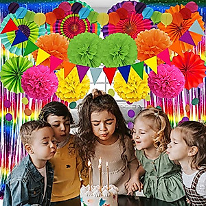 ZERODECO Fiesta Paper Fan Party Decorations Set, Multicolor Cinco De Mayo Pom Poms Pennant Garland String Banner Fringe Curtains Mexican Coco Carnivals Festivals Party Supplies