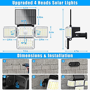 Solar Lights Outdoor, 250 LED 2500LM Security Motion Sensor Flood Light with 4 Adjustable Heads, IP67 Waterproof, 3 Modes & 300° Wide Angle Smart Outside Wall Light for Garden Pathway Garage, 2 Pack