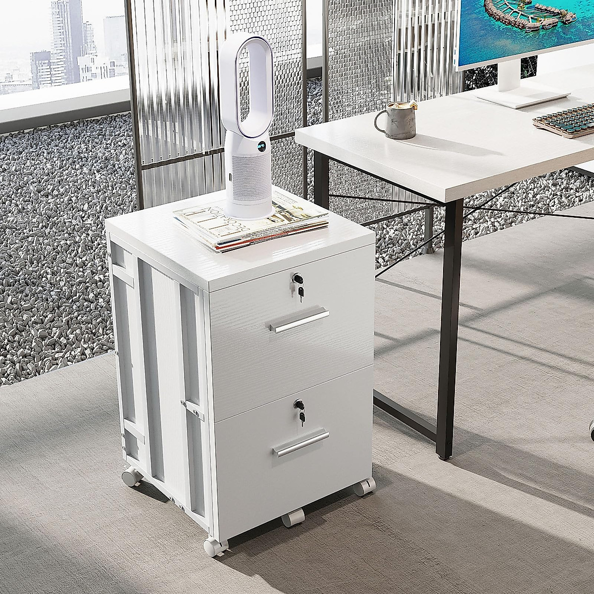 AODK Mobile File Cabinet Fully Assembled Filing Cabinet for Home Office, Small File Cabinets with Lock, Office Storage Cabinet 2 Drawer for Legal/Letter/A4 File, White