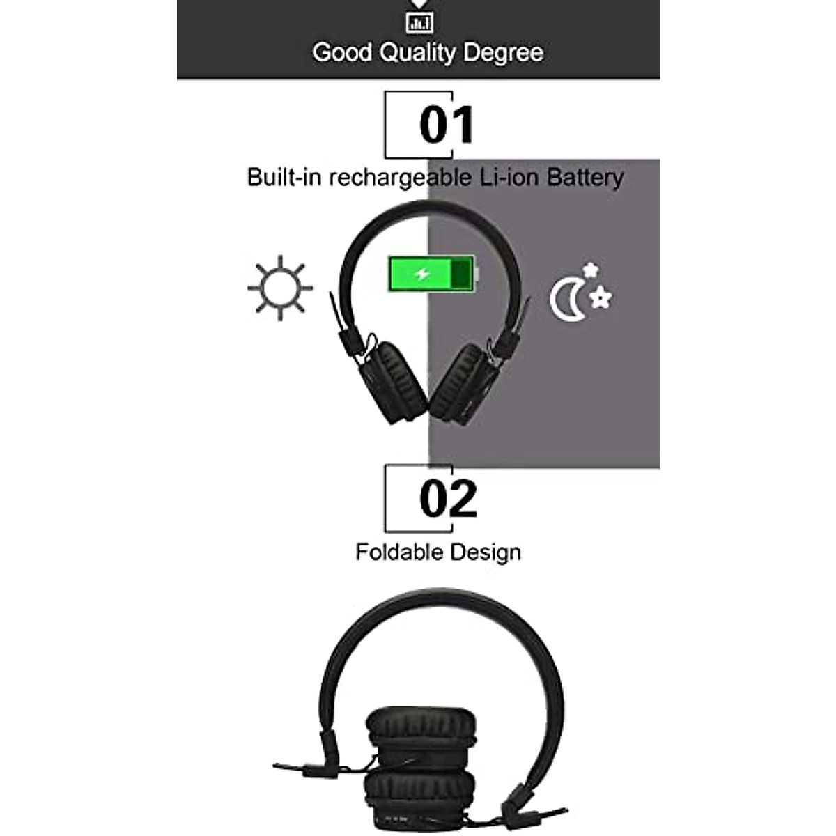 NIA Wireless Over Ear Headphones, Multifunctional Foldable Colorful Stereo Bass Bluetooth Headsets with 3.5mm Jack/Microphone/MP3 Player/FM Radio On-Ear Headset for Kids/Children/Phone/Tablets, Black
