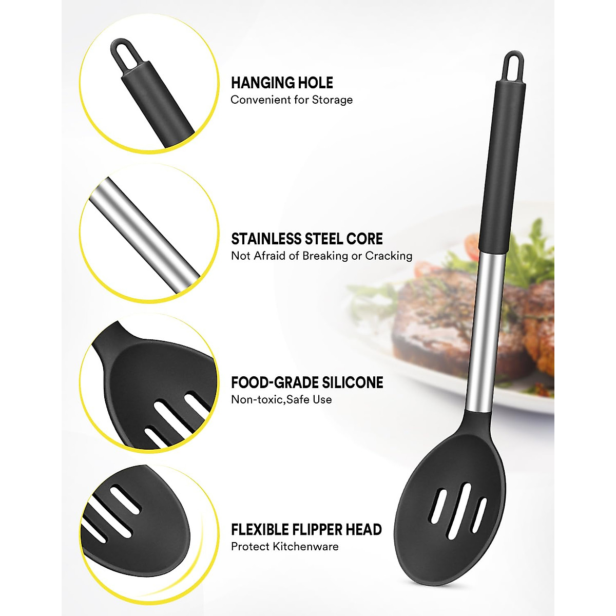 2 Pcs Silicone Cooking Spoons, Solid and Slotted Spoon Set, Non-Stick BPA Free Heat-Resistant Basting Kitchenware for Soup, Serving, Draining, Stirring（Black）