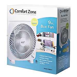 Comfort Zone CZ9BWT Portable 9" 3-Speed Quiet Box Fan for Home, White