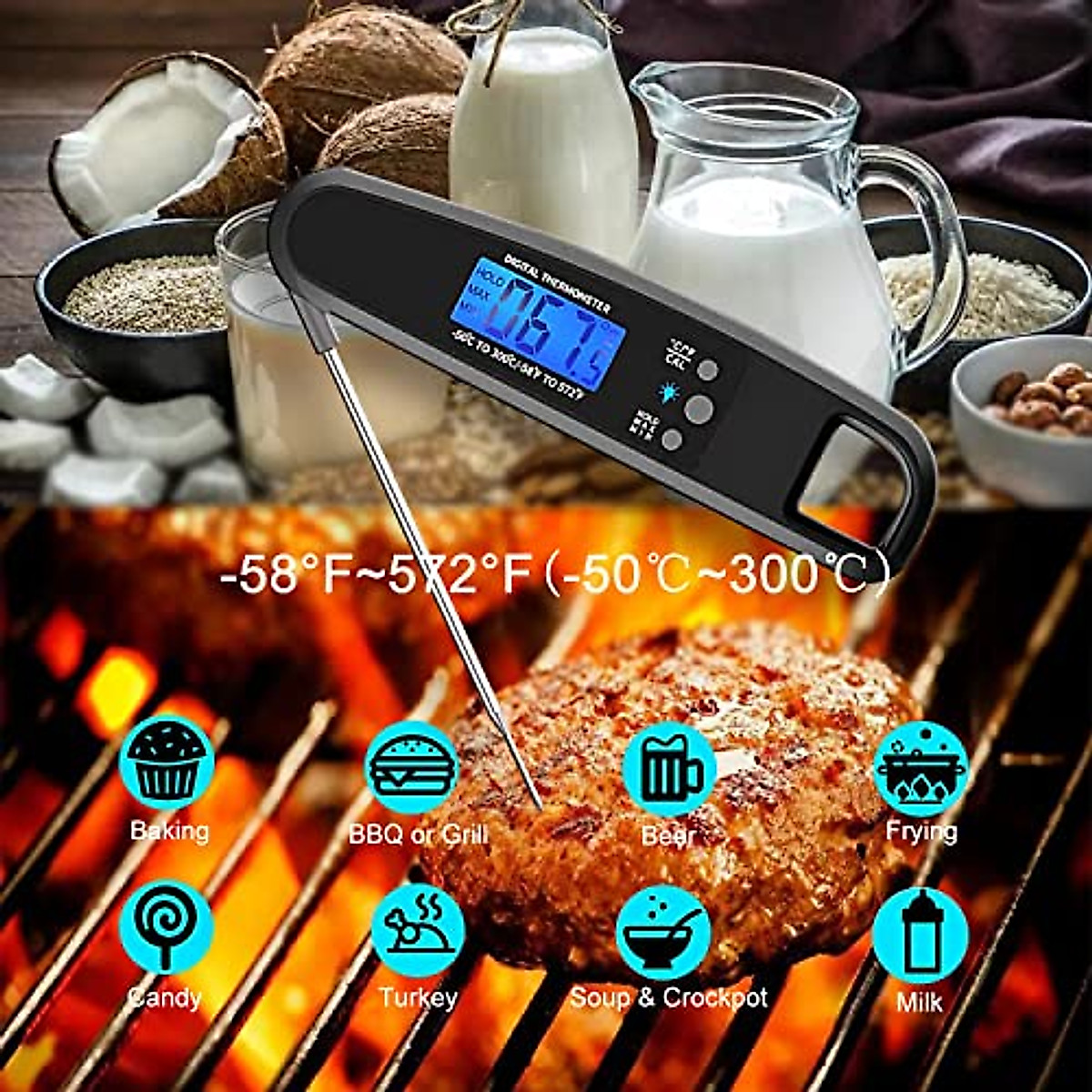 LIKEPAI Instant Read Meat Thermometer for Kitchen Cooking, Ultra Fast Precise Waterproof Digital Food Thermometer with Backlight, Magnet and Foldable Probe for Deep Fry, Outdoor BBQ, Grill（Black）