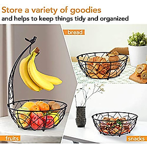 Buruis Fruit Basket Bowl with Banana Hanger, Modern Bird Design Fruit Container, Creative Tabletop Fruit Basket for Kitchen Countertop Dining Room, Decorative Display Stand (Black)