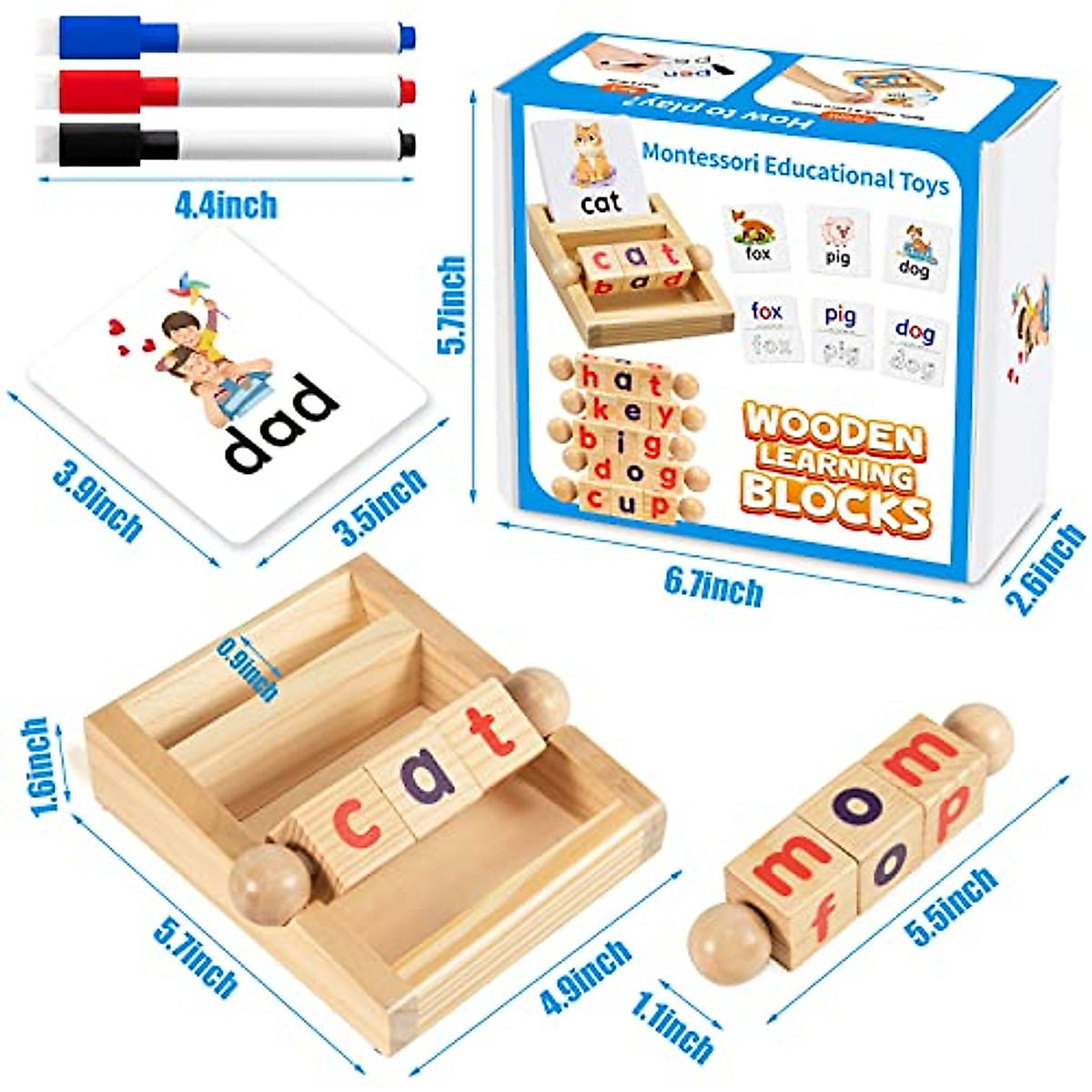 Montessori Toys for Toddlers 3 4 5 Years Old Wooden Reading Writing Blocks Flash Cards Rotating Matching Letters Toy Short Vowel Rods Spelling Games for Kids Alphabet Learning for Preschool Boys Girls