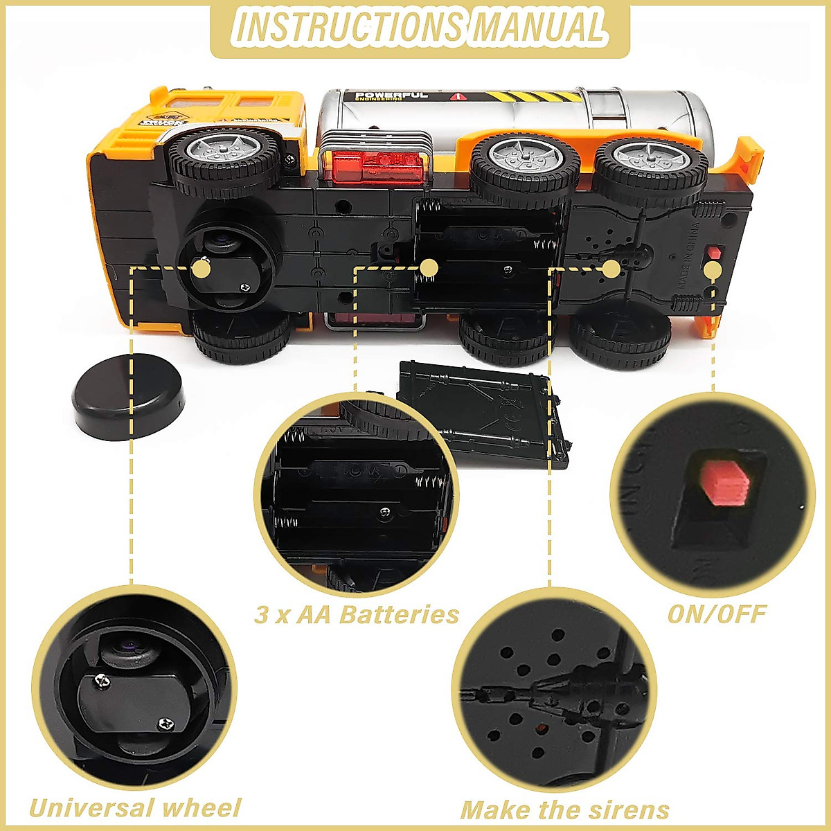CYKT Truck Toys for 3-10 Year Old Boys, Electric Oil Tanker Toy Truck - with Bright Flashing 4D Lights & Real Sounds, Cool Birthday Gifts for Boys Age 3-12 Year Old Kids Toys (Yellow)