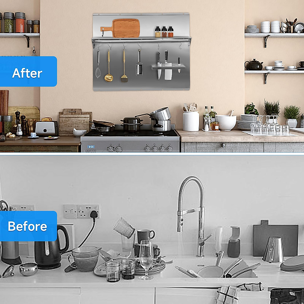 Range Backsplash with Shelf 30 x 30.7 Inch Range Hood Wall Shield Max. 66.14 lbs Load Capacity Stainless Steel Backsplash with Built-in Storage Shelf and Hanging Rack for Kitchen Home Restaurant