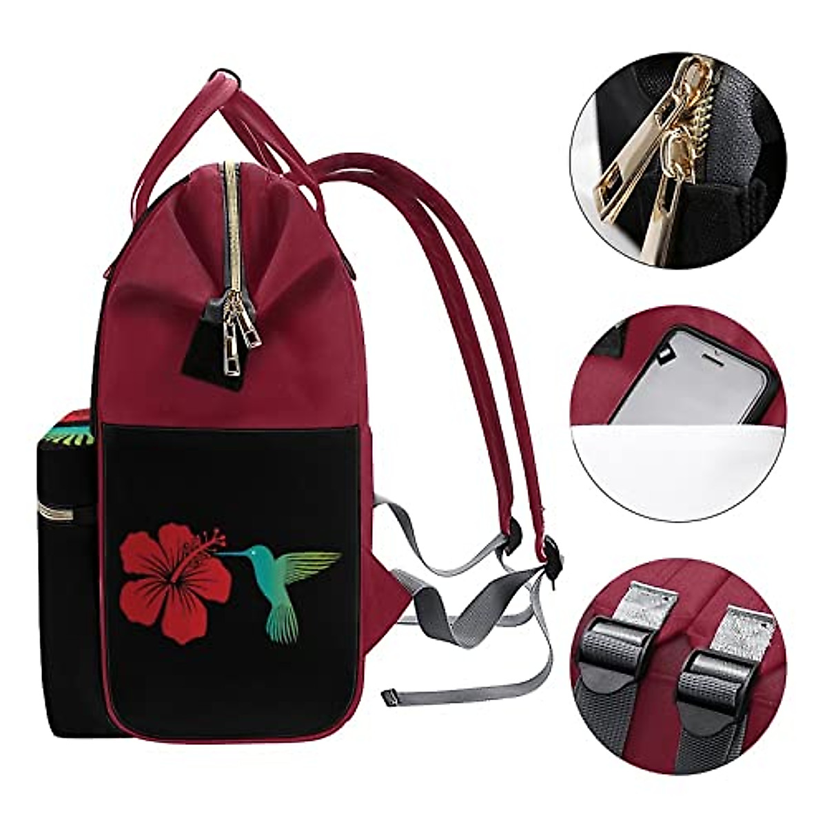 Hummingbird and Red Hibiscus Flower Diaper Bag Backpack Large Capacity Mommy Bags Multifunction Nappy Bag Travel Back Pack Red-Style