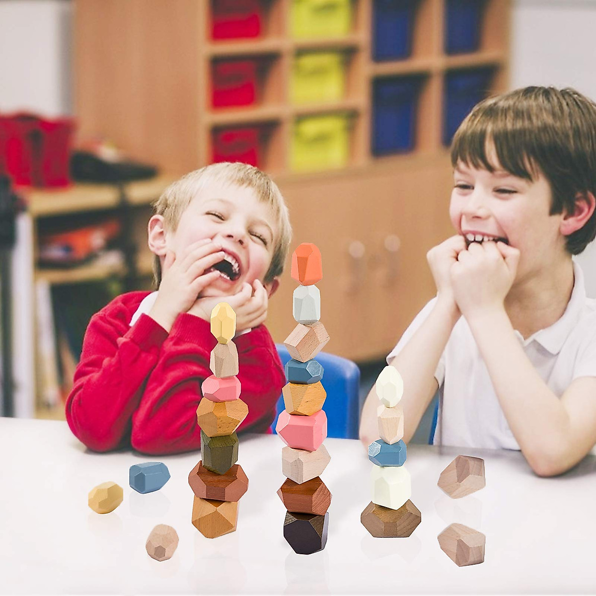 48 Pcs Wooden Stacking Stones- Building Sorting Rocks Balancing Wooden Blocks Preschool Educational Learning Toy for Kids Toddlers 3 4 5 6 Years Old