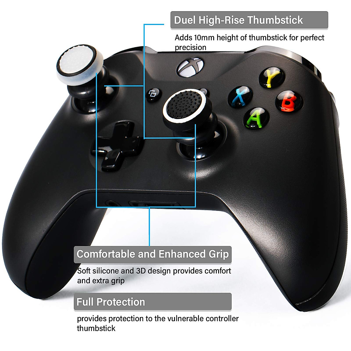 Playrealm FPS Thumbstick Extender & 3D Texture Rubber Silicone Grip Cover 2 Sets for Xbox Series X/S & Xbox One Controller(Black+Clear)