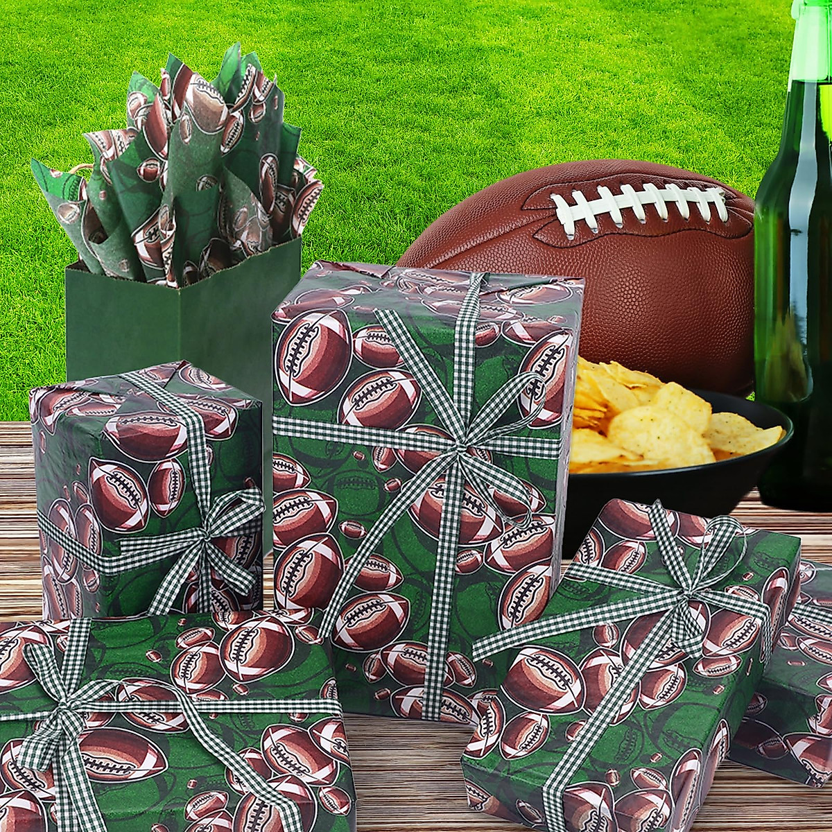 100 Sheets Football Pattern Tissue Paper, 20x14in Green Brown Football Art Tissue Paper for Sports Themed Party Gift Wrapping Thanksgiving Day Party Decor Gift Bag Fillers