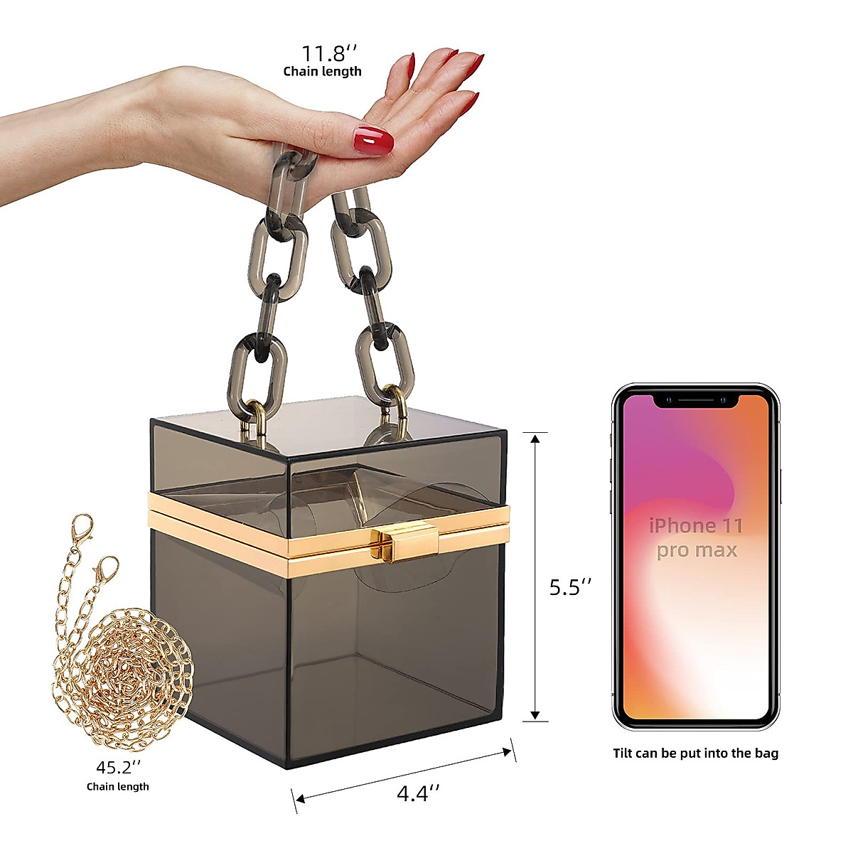 WJCD Cute Clear Acrylic Plastic Neon Hard Frame Party Clutch Purse with Gold Chain Strap (Black)