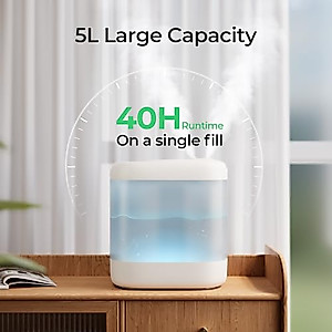Homvana Humidifiers for Bedroom, 5L Super Easy to Clean Top Fill Auto Adapt Cool Mist Humidifier for Bedroom Plants Baby Kids for Home (Never Leaking Design), Quiet 40H Runtime, Essential Oil Diffuser