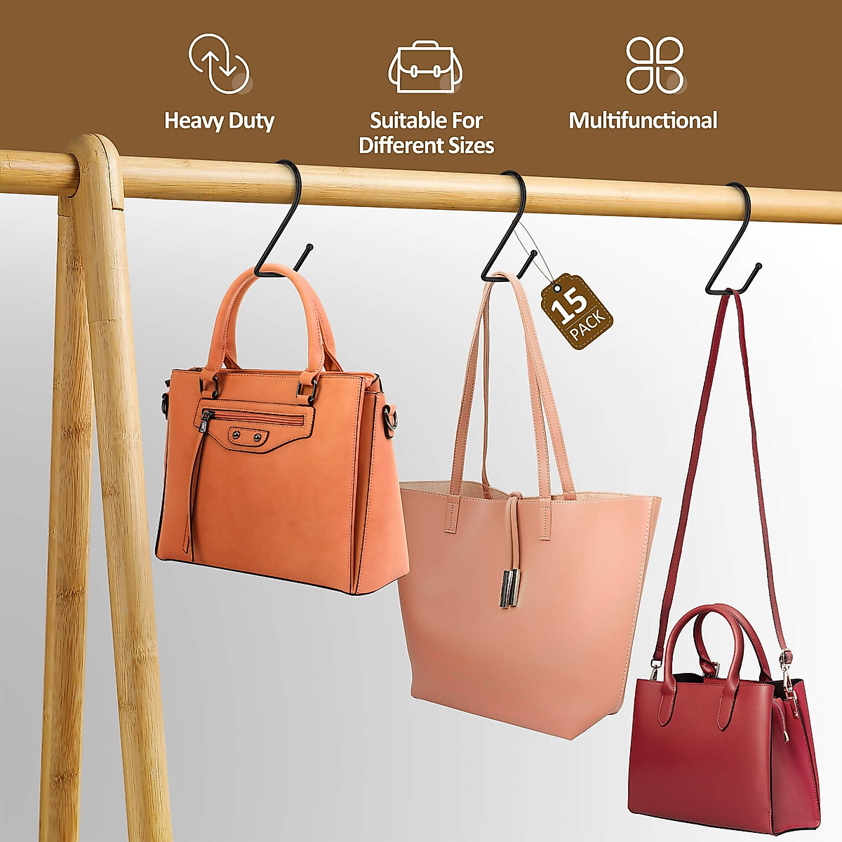 ZEDODIER 15 Pack Purse Hanger Purse Hooks for Closet, Sturdy Metal S Hooks Bag Organizer Backpack Holder, Closet Organizer and Storage, Black