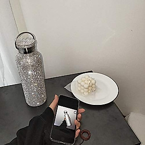 JDKD Diamond Thermos Water Bottle Rhinestone Thermos Cup,Diamond Vacuum Flask Sparkling High-end Insulated Bottle Stainless Steel with Lid Silver (500ML)