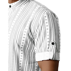JOGAL Mens Striped Henley Shirt Short Sleeve Traditional African Style Dashiki Shirts White X-Large