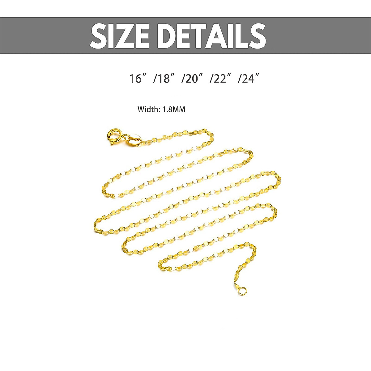 10K Solid Gold Mirror Chain Necklace, 1.8MM Dainty Yellow Gold Italian Mirror Link Chain Necklace Jewelry Gift for Women 20" (20 Inches)