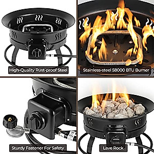 TLSUNNY 24''/ 19'' Propane Fire Pit, 58,000 BTU Portable Gas FirePit, Camp Steel Gas Fire Bowl with Cover, Lava Rock, Tank stabalizer Ring and Carry Straps for Patio, Backyard, Tailgating, Deck, RV
