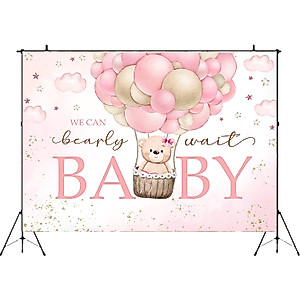 MAYSSKQ Girl Bear Baby Shower Backdrop Hot Air Balloon Bear Theme Baby Shower Photo Background We Can Bearly Wait Gold Dots Party Decorations Supplies (Pink, 7x5ft)