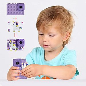 Kids Camera for Boys and Girls, Children Digital Video Toy Camera with Unicorn Silicone Building Blocks, Selfie Camera for Kids, Christmas Birthday Festival Gifts for Age above 6 with 32GB SD Card