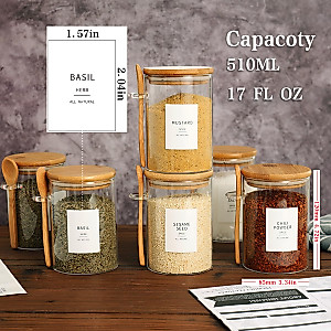 HHMJSM 6 Pcs Glass Jar with Bamboo Lid and Spoon - 17 oz Large Sugar Container with 148 Kitchen Pantry Spice Jar Labels Preprinted - Glass Containers with Wooden Lids Hold Coffee, Tea, Candy